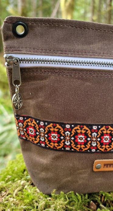 Waxed Canvas and Vintage Trim Zipper Pouch